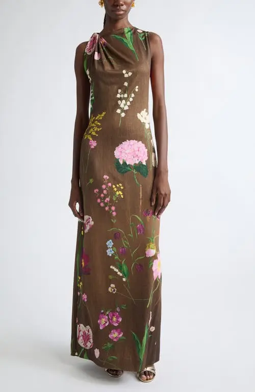 Oscar De La Renta Mixed Botanical Milano Jersey Dress - Brown Multi