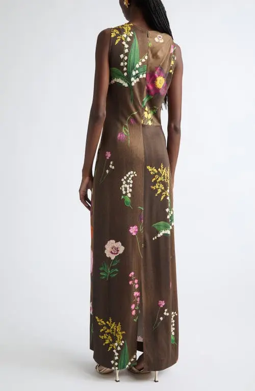 Oscar De La Renta Mixed Botanical Milano Jersey Maxi Dress - Brown Multi