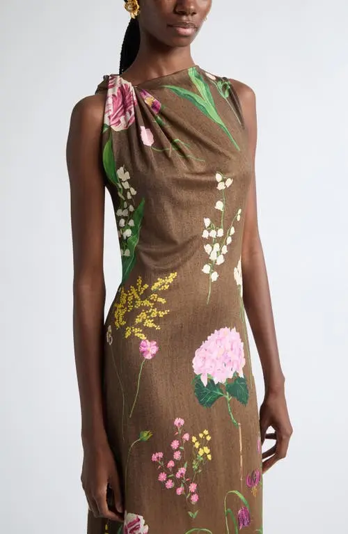 Oscar De La Renta Mixed Botanical Milano Jersey Maxi Dress - Brown Multi