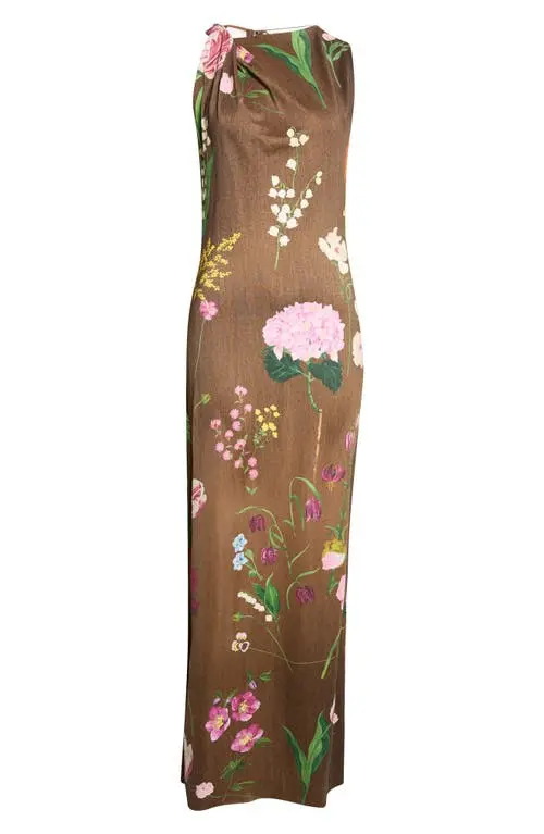 Oscar De La Renta Mixed Botanical Milano Jersey Maxi Dress - Brown Multi