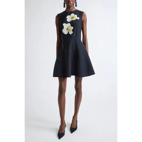 Oscar De La Renta Sleeveless Peony Print Fit & Flare Dress - White/navy