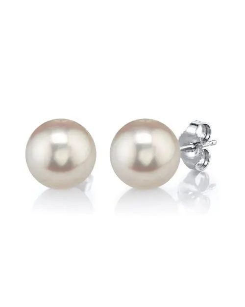 The Pearl Source 8mm White Freshwater Round Pearl Stud Earrings - White Gold