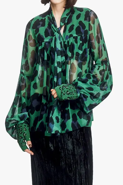 Anna Sui Jewel Jaguar Chiffon Tie Blouse