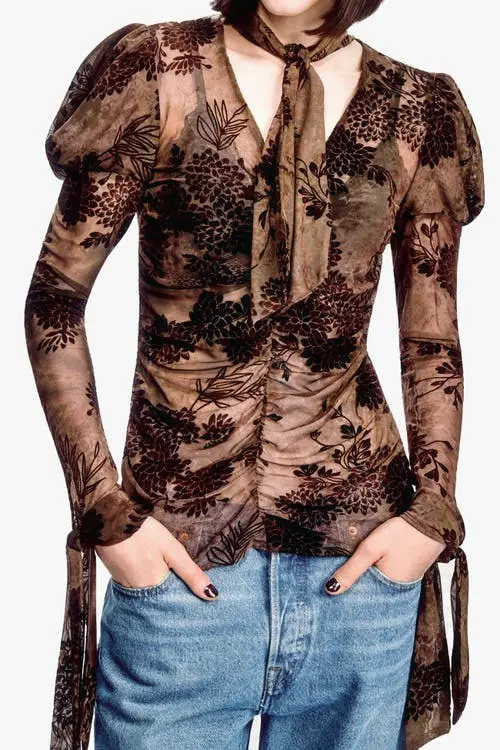 Anna Sui Dahlia Tulle Knit Long Sleeve Top