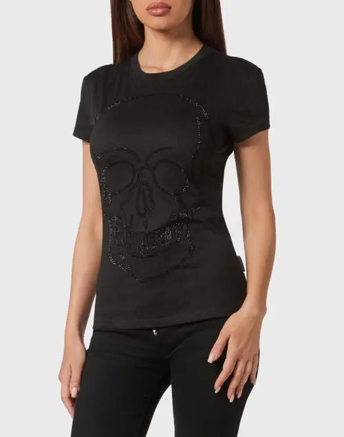 Philipp Plein Cotton Jersey T-shirt With Devoré Python Pattern And Bejeweled Skull Detail - Black