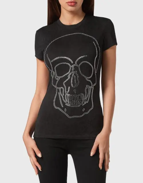 Philipp Plein Cotton Jersey T-shirt With Devoré Python Pattern And Bejeweled Skull Detail - Black/white