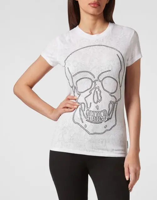 Philipp Plein Cotton Jersey T-shirt With Devoré Python Pattern And Bejeweled Skull Detail
