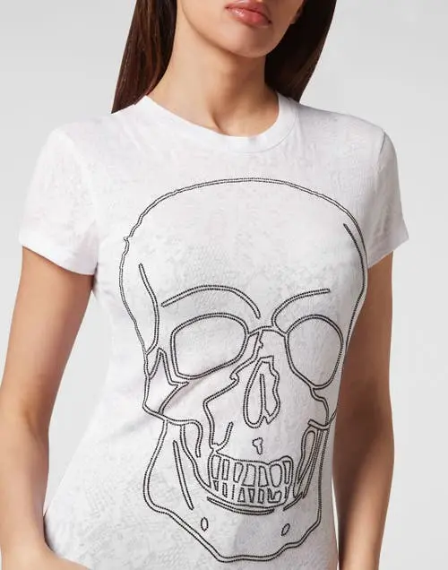 Philipp Plein Cotton Jersey T-shirt With Devoré Python Pattern And Bejeweled Skull Detail