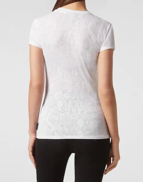Philipp Plein Cotton Jersey T-shirt With Devoré Python Pattern And Bejeweled Skull Detail