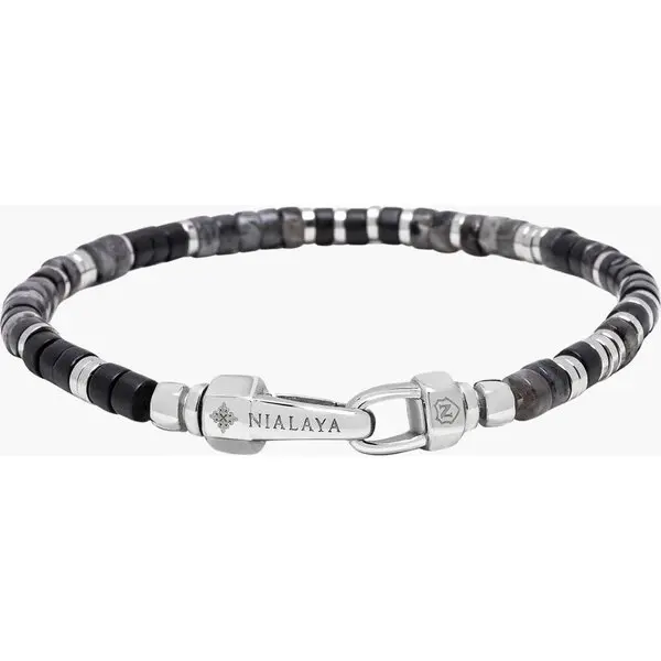 NIALAYA JEWELRY Matte Onyx Heishi Bead Bracelet With Stainless Steel Accents - Midnight Onyx