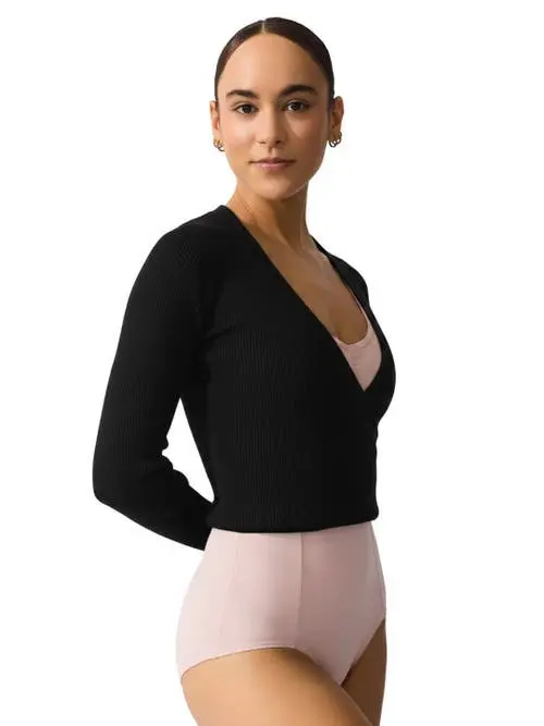 CAPEZIO Ribbed Knit Wrap Sweater With V-neck And Self-tie Closure - Black