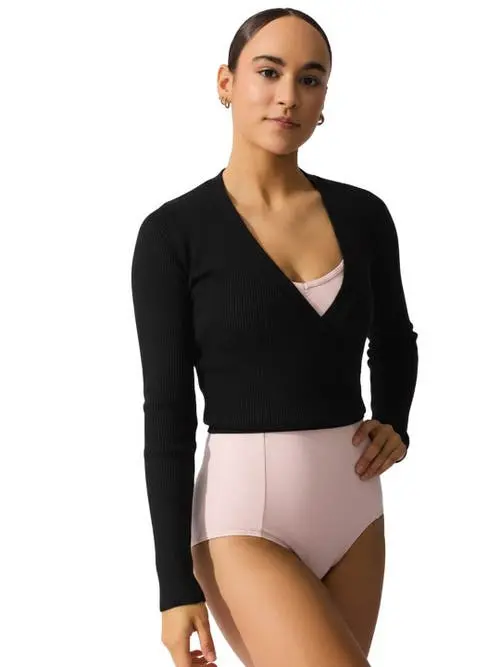 CAPEZIO Ribbed Knit Wrap Sweater With V-neck And Self-tie Closure - Black