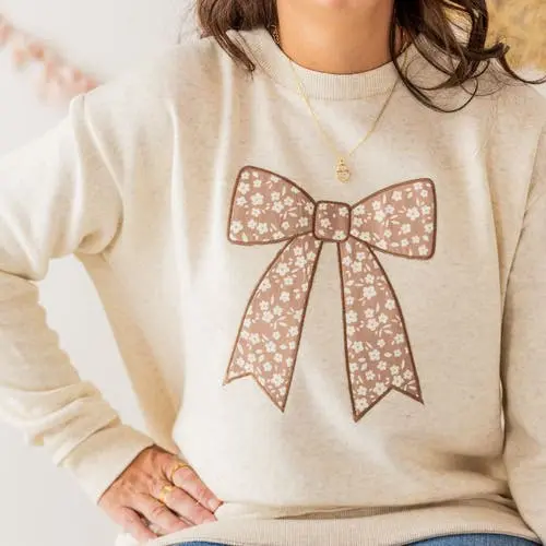SWEET WINK Mocha Floral Bow Patch Sweatshirt