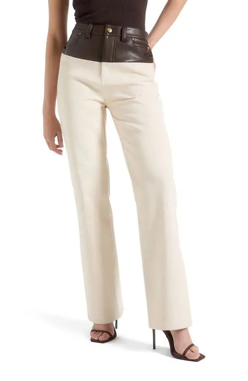 Manière De Voir Contrast Leather & Denim Straight Leg Jeans - Cream/brown