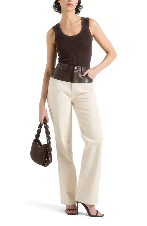 Manière De Voir Contrast Leather & Denim Straight Leg Jeans - Cream/brown