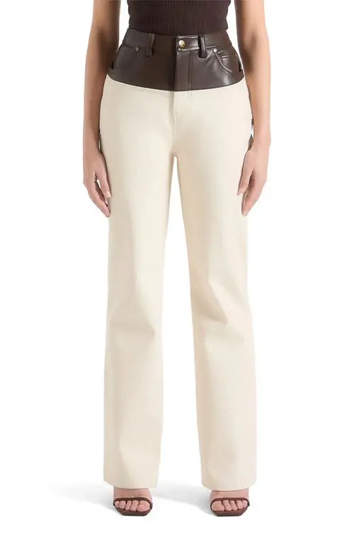 Manière De Voir Contrast Leather & Denim Straight Leg Jeans - Cream/brown
