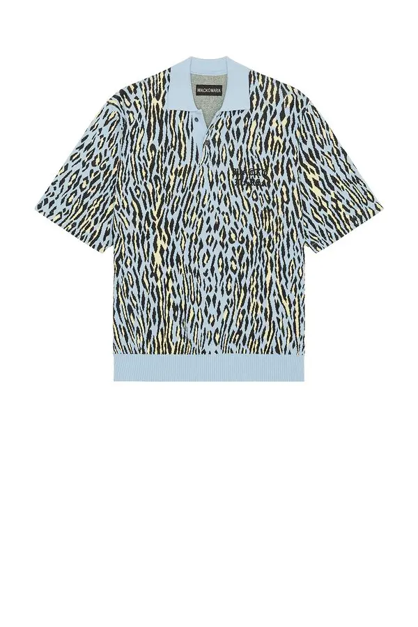 WACKO MARIA Leopard Knit Polo Shirt Type 1 In L-blue In Blue