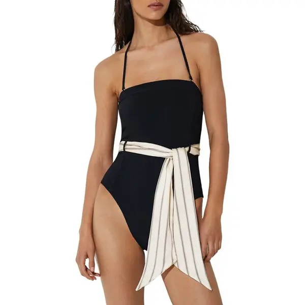 REISS Etienne Belted Bandeau One-piece Swimsuit - Black Print