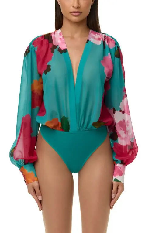 Naked Wardrobe Floral Print Chiffon V-neck Bodysuit - Flora Spritz