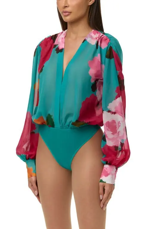 Naked Wardrobe Floral Print Chiffon V-neck Bodysuit