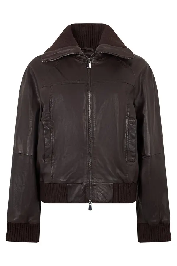 Pinko Leather Jacket With Knit Inserts And Zip Front - Brown