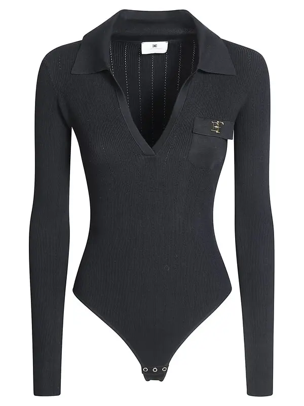 Elisabetta Franchi Ribbed Knit Collared Bodysuit - Nero