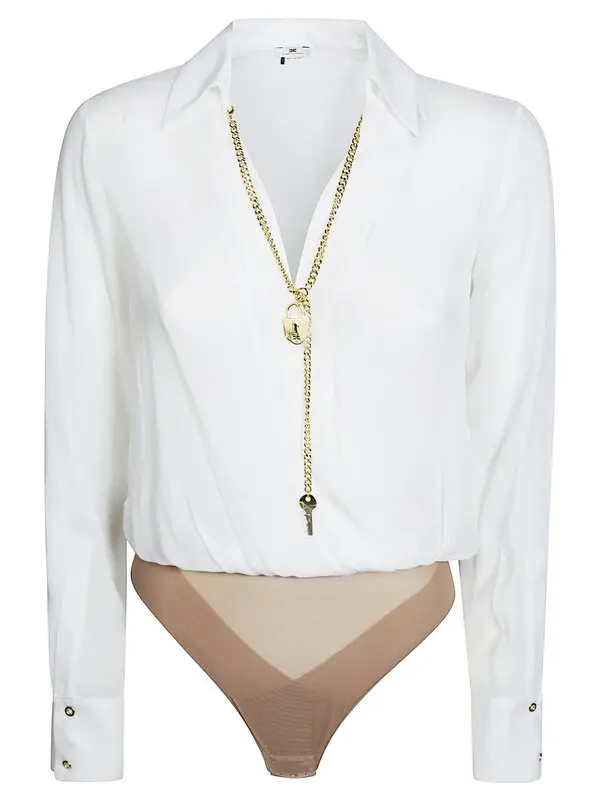 Elisabetta Franchi Embellished Shirt Bodysuit - Beige