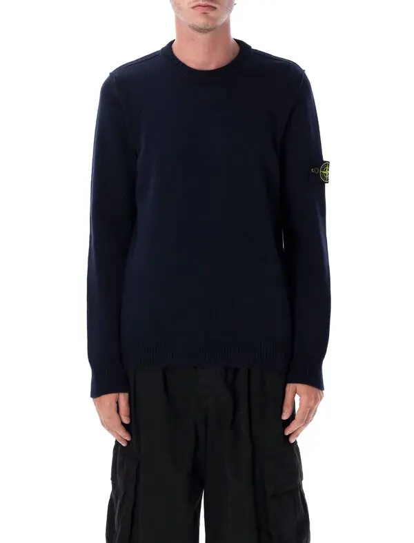 Stone Island Crewneck Sweater In Wool-blend Knit With Badge Detail - Blu