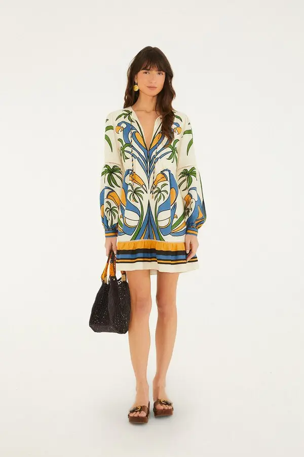 Farm Rio Printed V-neck Linen Blend Mini Dress With Lace-up Detail And Button Cuffs - Multicolor