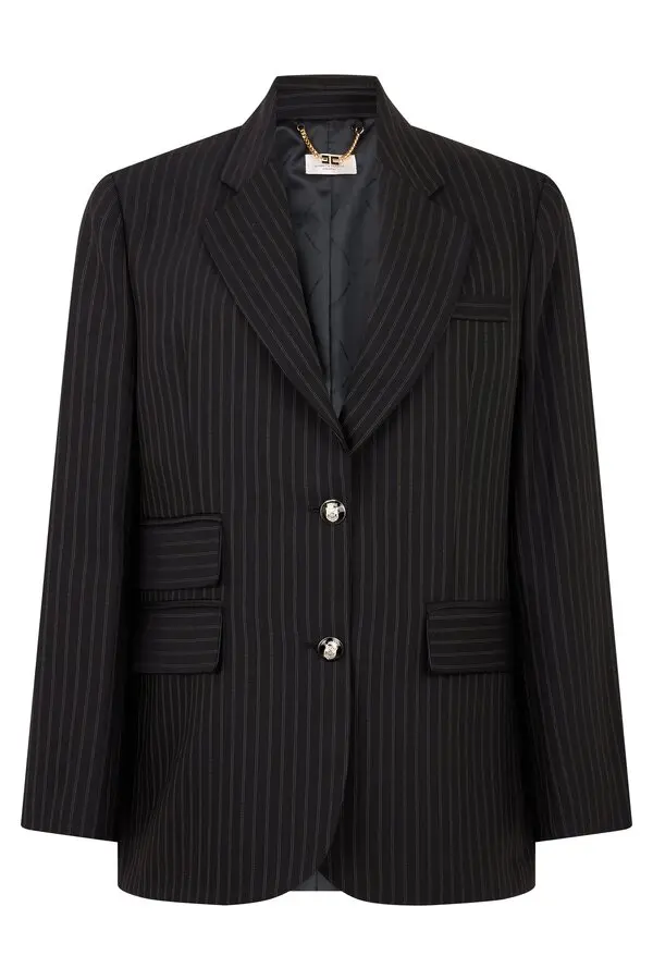 Elisabetta Franchi Wool Striped Structured Lapel Jacket - Black