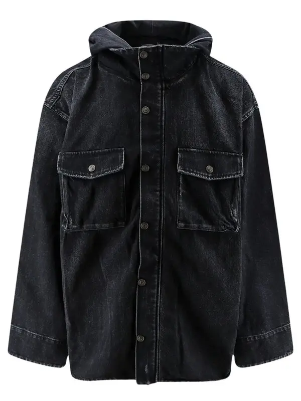 Balenciaga Logo Embroidered Hooded Denim Jacket - Black