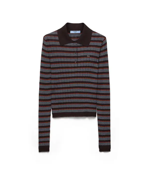 Prada Striped Cashmere And Silk Long Sleeve Polo Shirt - Brown