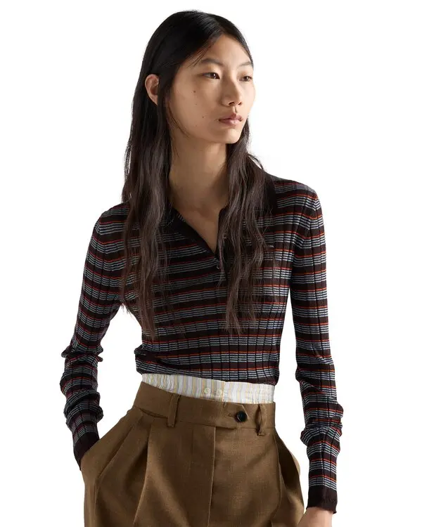 Prada Striped Cashmere And Silk Long Sleeve Polo Shirt - Brown