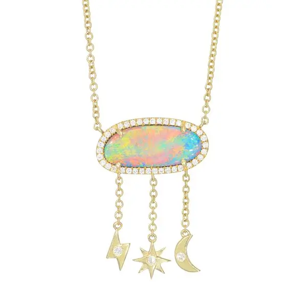 KAMARIA Fire Opal Necklace With Celestial Moon & Star Drops In Diamonds - Gold