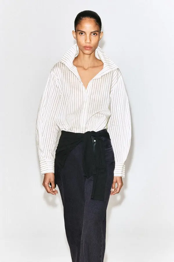 Cos Striped Cotton-silk High-collar Shirt - Beige