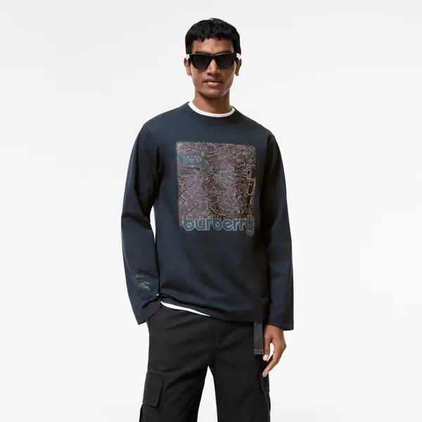Burberry Long-sleeve London Map Cotton T-shirt - Navy