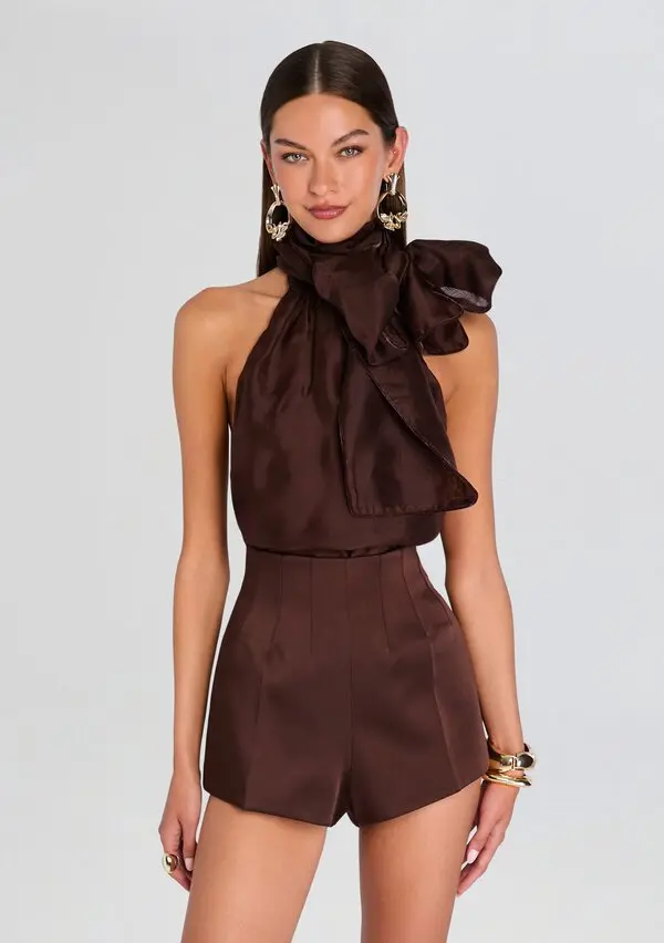 Retrofete Indira Silk Halter Top With Dramatic Bow Detail