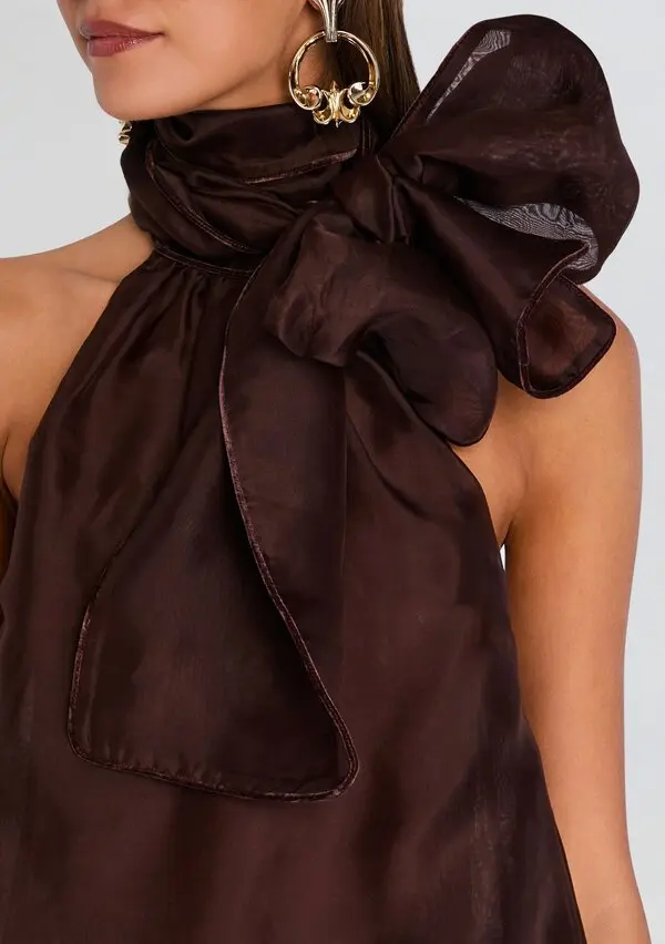 Retrofete Indira Silk Halter Top With Dramatic Bow Detail