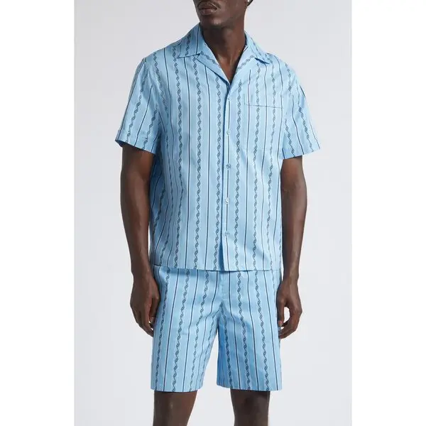 Versace Stripe Greca Jacquard Short Sleeve Button-up Shirt