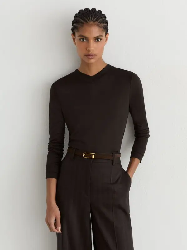 REISS Brody High V-neck Long Sleeve Top