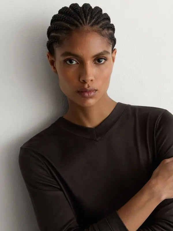 REISS Brody High V-neck Long Sleeve Top