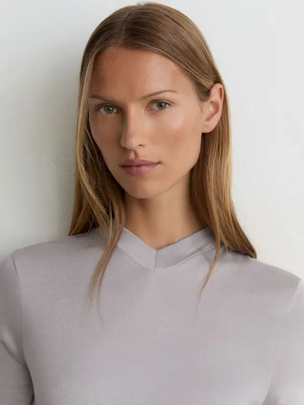 REISS Brody High V-neck Long Sleeve Top - Light Grey
