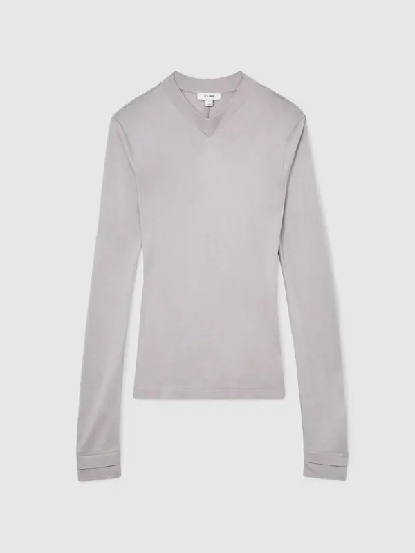 REISS Brody High V-neck Long Sleeve Top - Light Grey