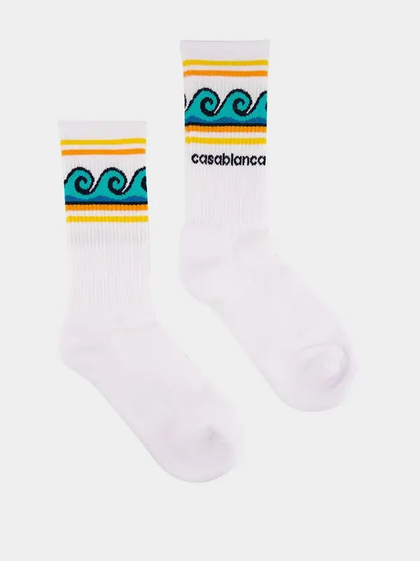 Casablanca Greco Wave Knitted Cotton Sports Socks - White