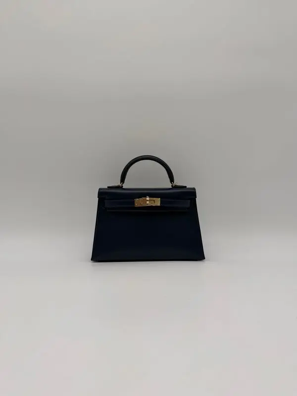 Hermès Kelly 20cm Box Leather Handbag With Permabrass Hardware - Blue
