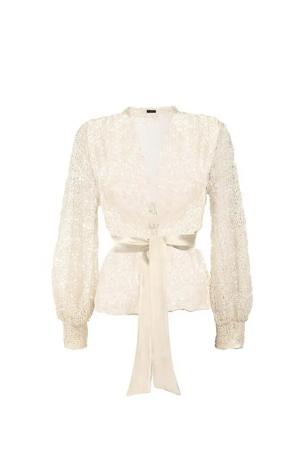 LUNA FASHION HOUSE Neutrals Ivory Lace Belted Sweater, Jody - White