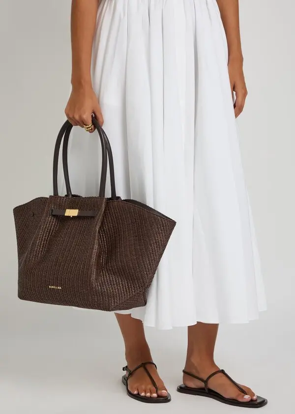 DEMELLIER Raffia And Leather Tote - Dark Brown