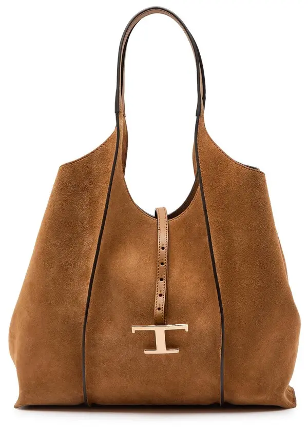 TOD'S T-plaque Suede Tote - Tan