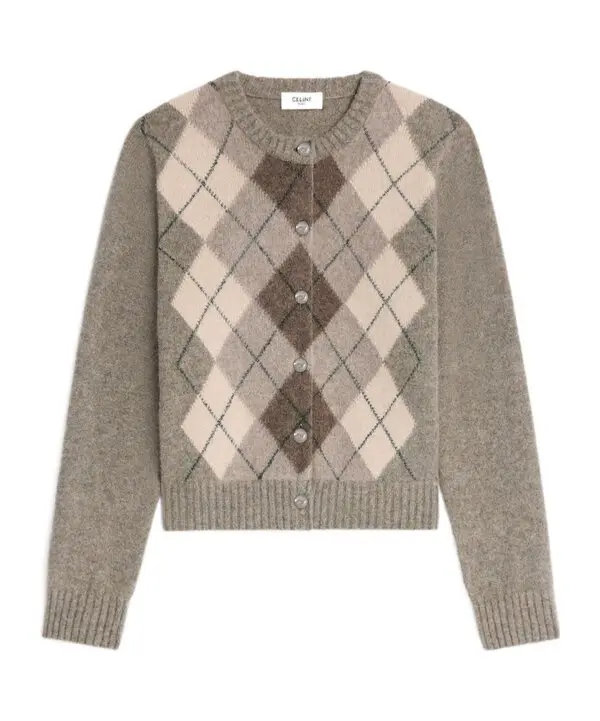Celine Cardigan In Argyle Alpaca Wool - Pebble