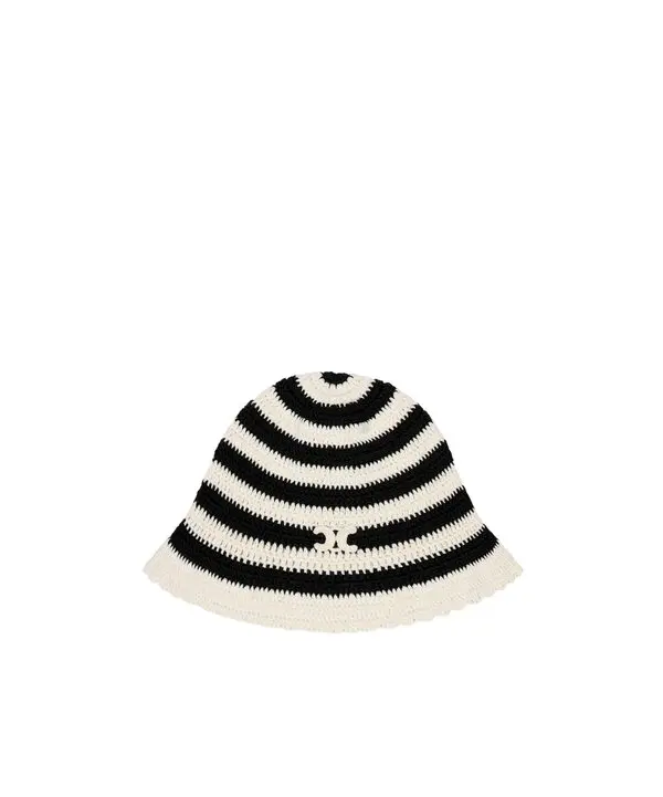 Celine Triomphe Striped Cloche Beanie In Crocheted Cotton - Black